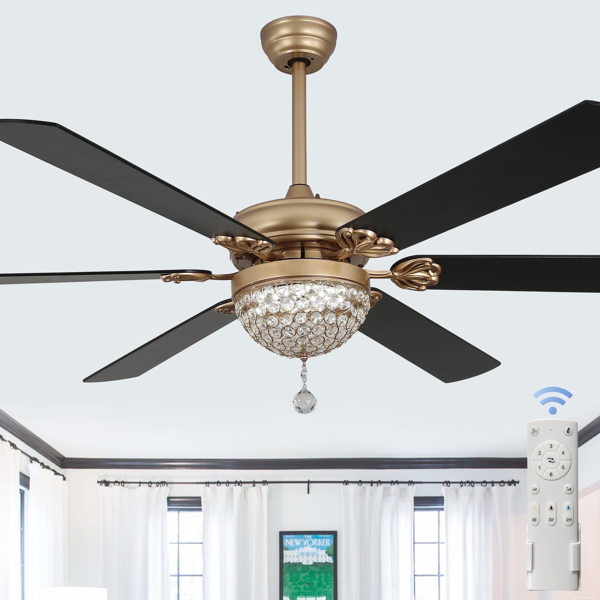 Cusp Barn 65 Inch Modern Crystal Reversible Ceiling Fan with Lights and ...