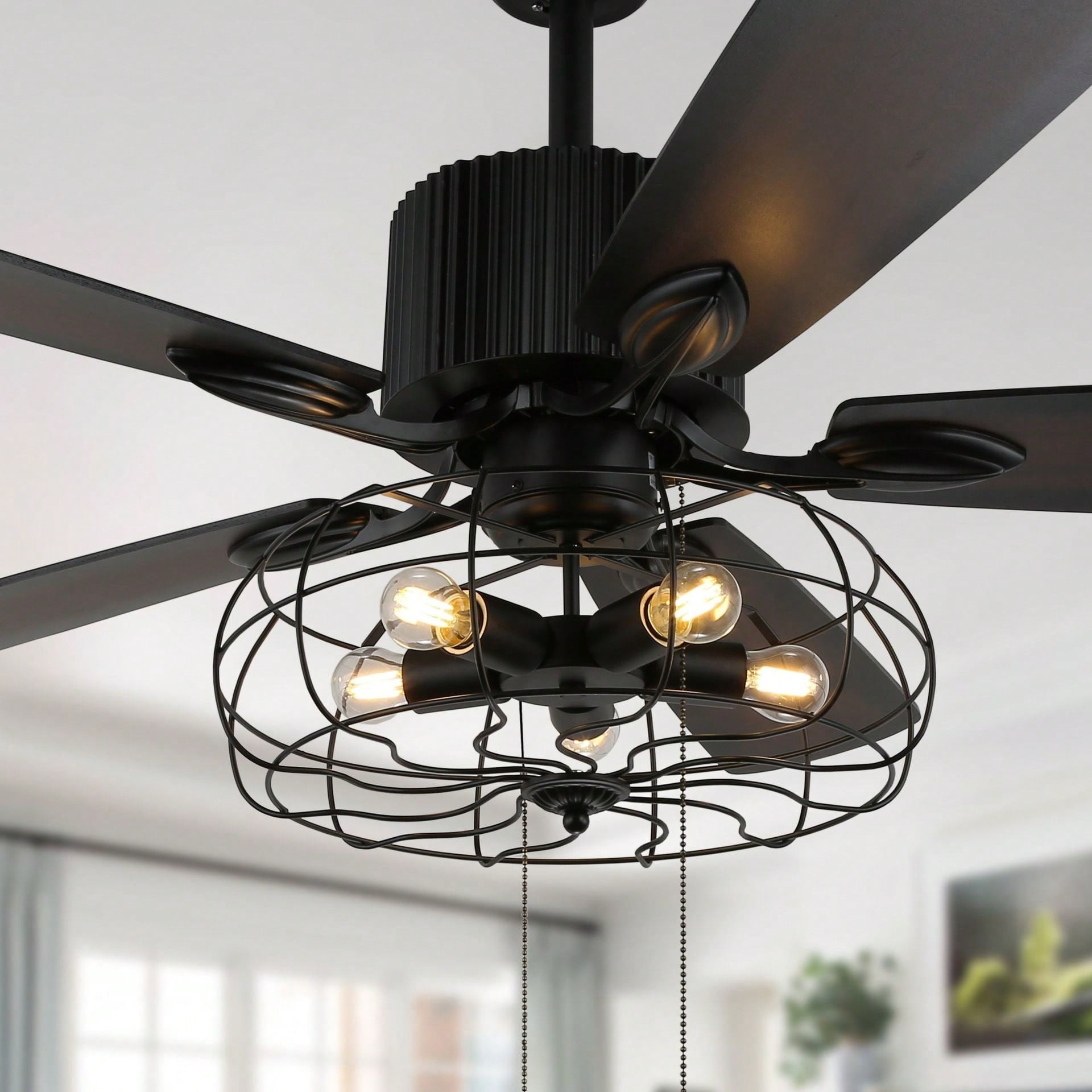 Cusp Barn Industrial Ceiling Fan Black Caged Chandelier Fan with Remote ...