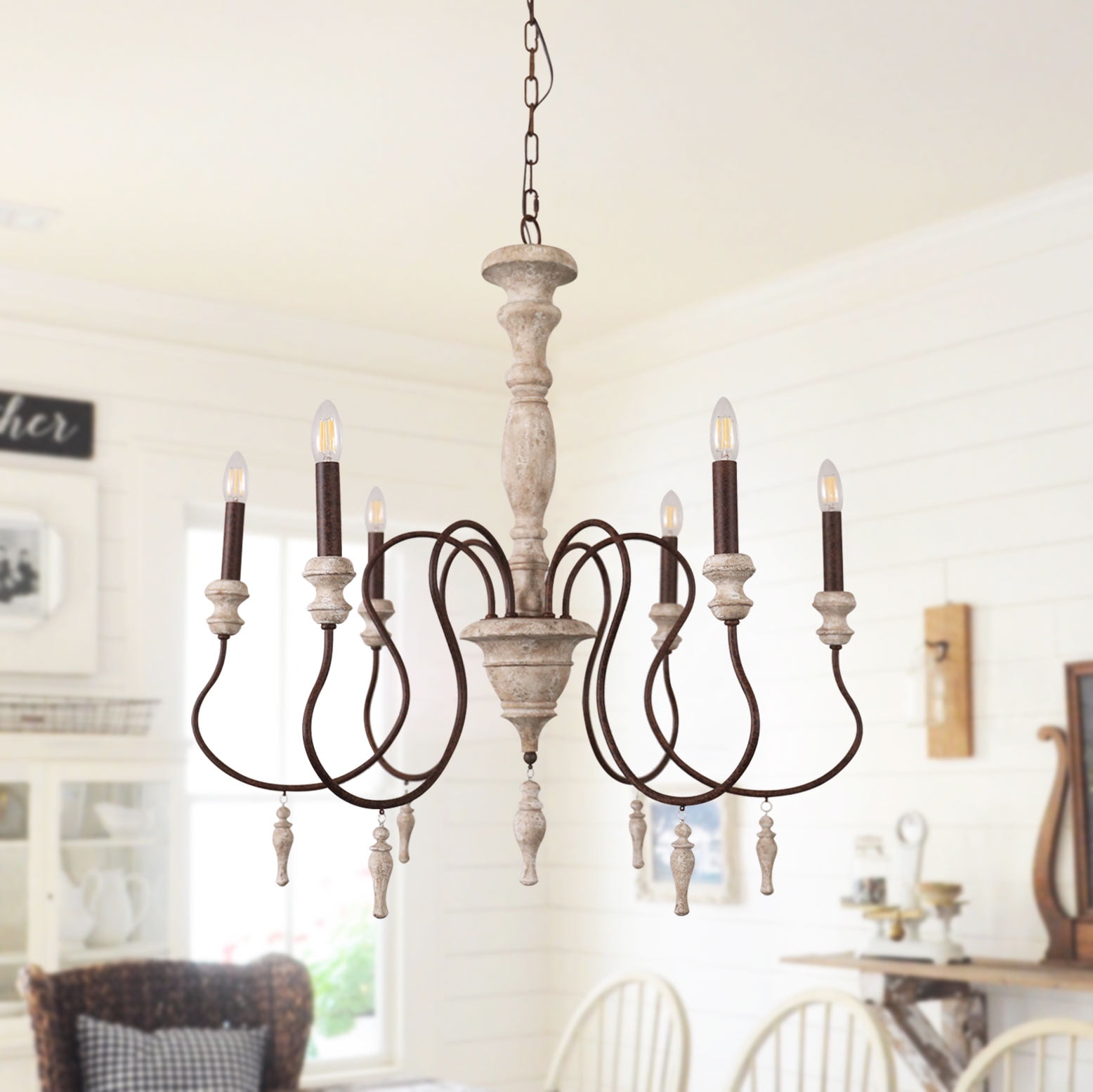 Cusp Barn Rustic Shabby 6-Light Chandelier Chic Wood Candle Ceiling ...