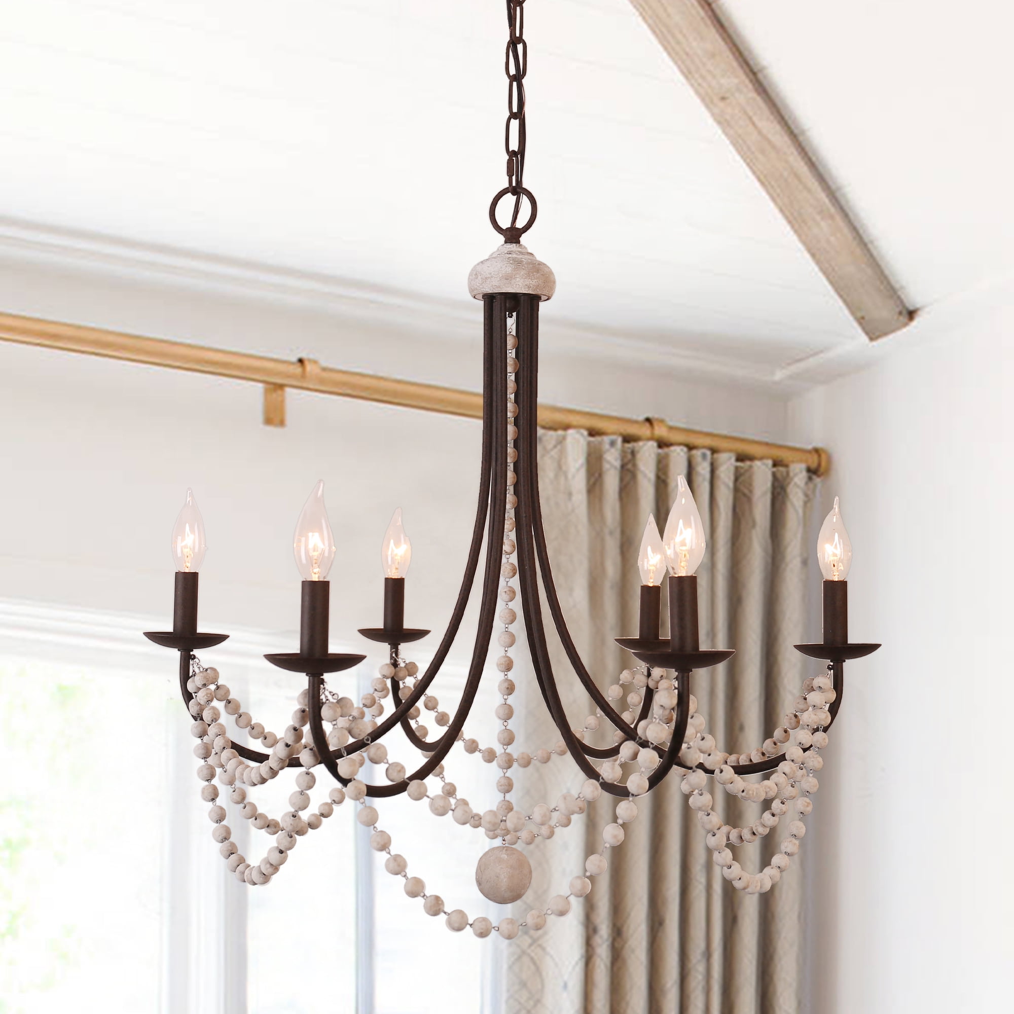 Cusp Barn Wood Beaded Rustic 6-Light Chandelier Farmhouse Black Finish ...