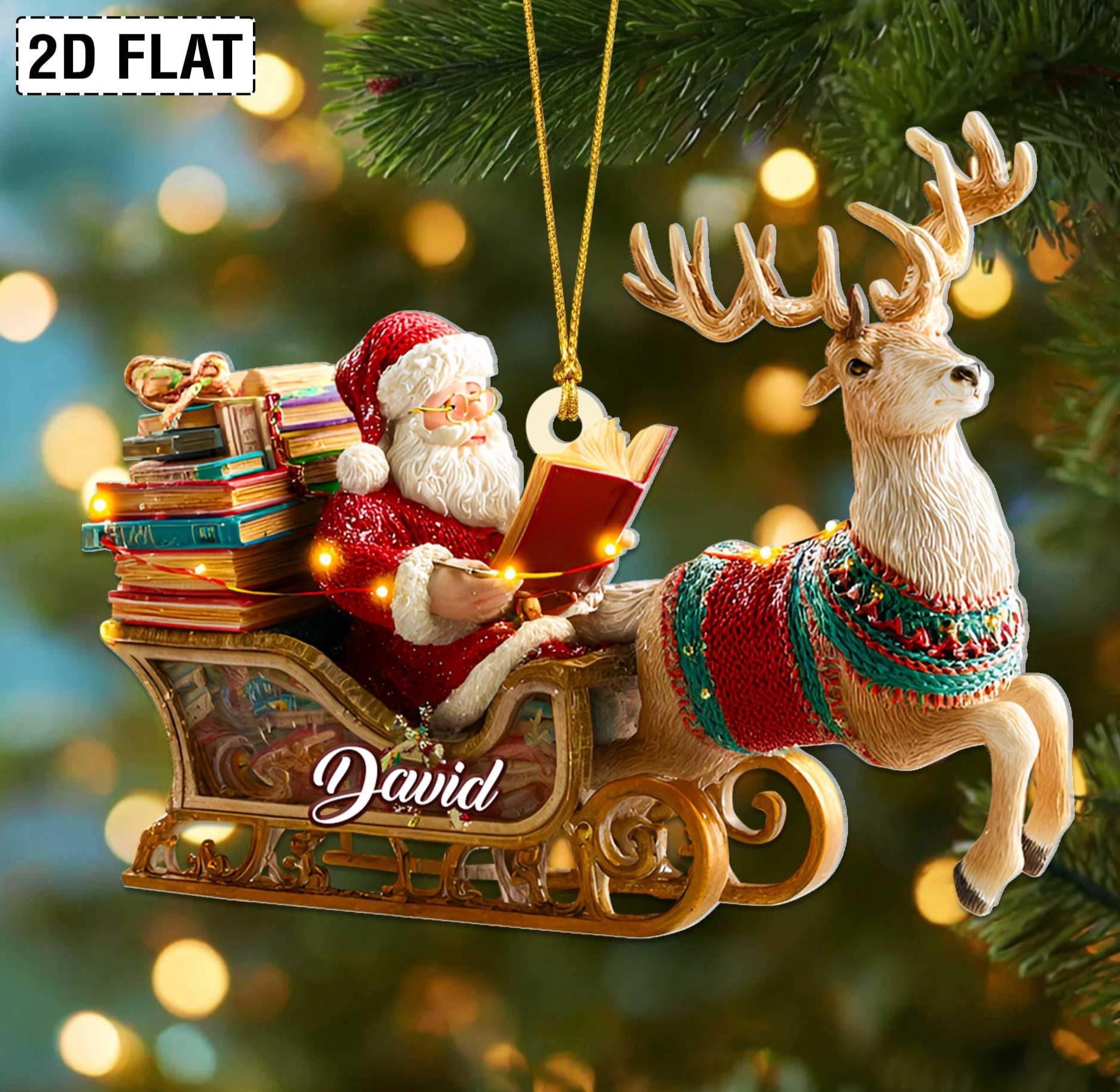 Custom 2D Flat Santa Reading Books Sleigh Acrylic Ornament, Christmas ...
