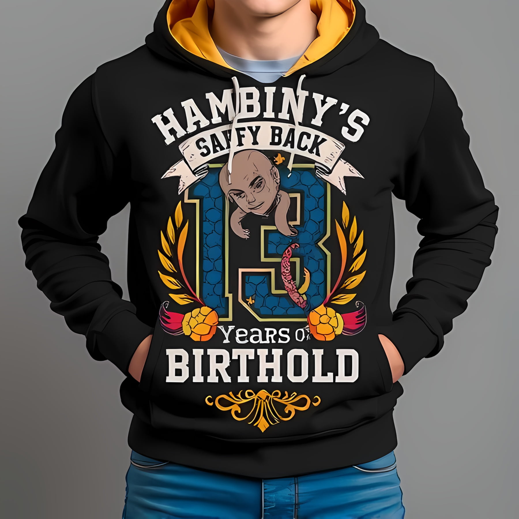 Custom 3D Black Hoodie with Mustard Yellow Inner Hood - Celebrating 13 ...