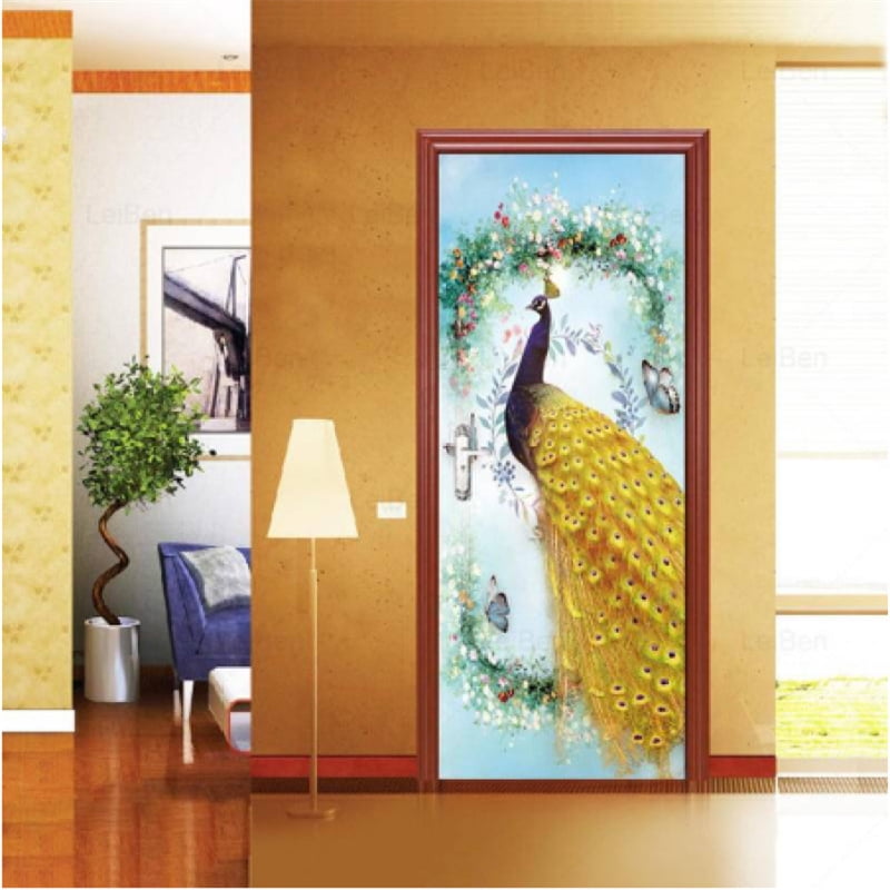 Custom 3D Blue Golden Peacock Door Sticker Flower Landscape Waterproof ...