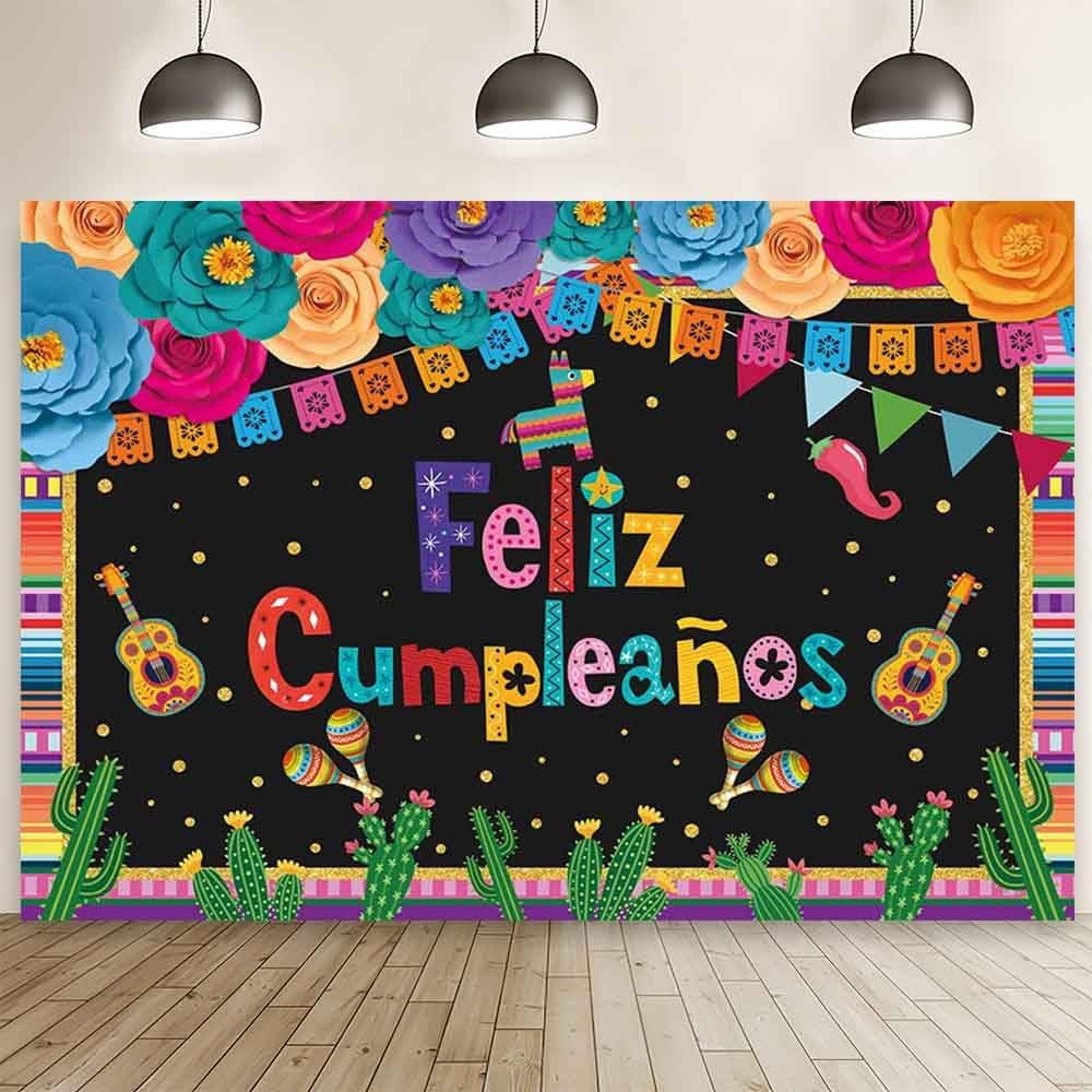Custom 7x5ft Feliz Cumpleaños Backdrop Black Mexican Fiesta Birthday ...