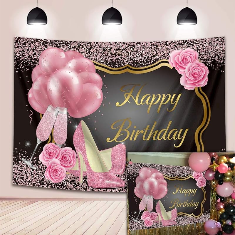 Custom 7x5ft Glitter Pink Heels Birthday Backdrop Shiny Rose High Heels ...