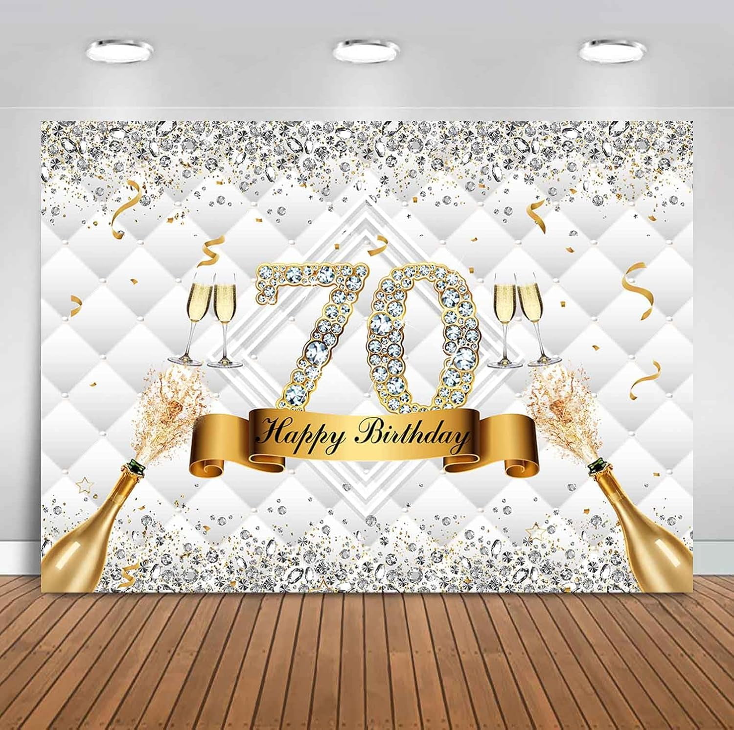 Custom 7x5ft Happy 70th Birthday Backdrop for Women White Gold Glitter Diamond Luxury Seventy ...