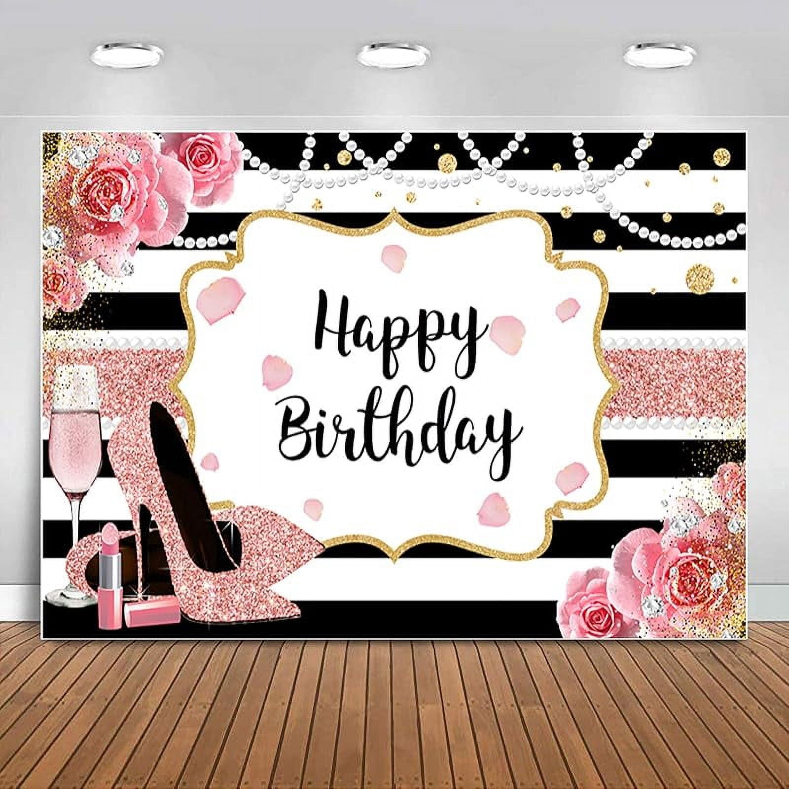 Custom 7x5ft Pink Floral Happy Birthday Backdrop for Women Glitter Rose ...