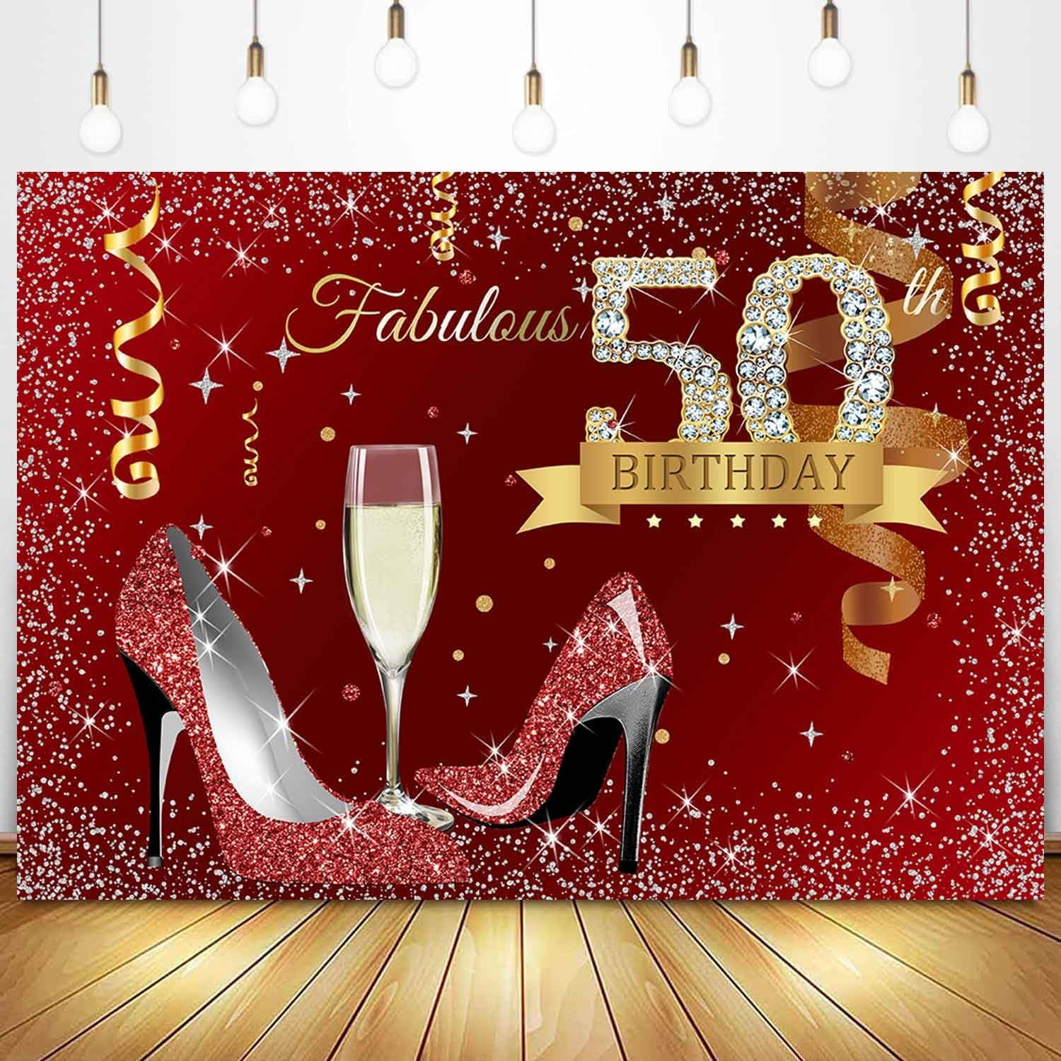 Custom 7x5ft Red Gold 50th Birthday Backdrop Glitter High Heels ...