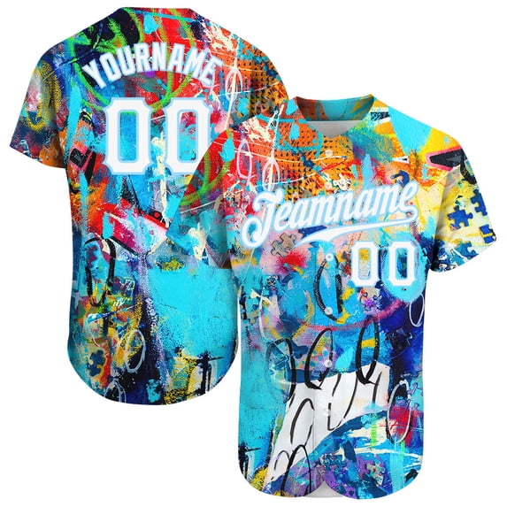 Custom Abstract Graffiti White-Light Blue 3D Authentic Baseball Jersey ...