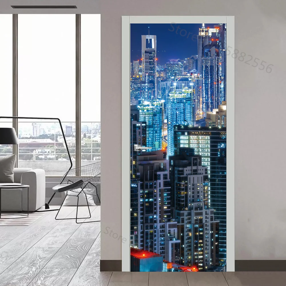 Custom Any Size 3D Door Stickers Mural Paintings City Building Sunset ...