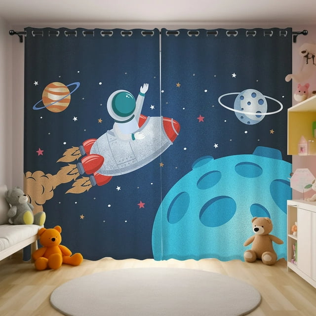 Custom Astronaut Children's Curtains Rocket Planet Print Curtains for ...