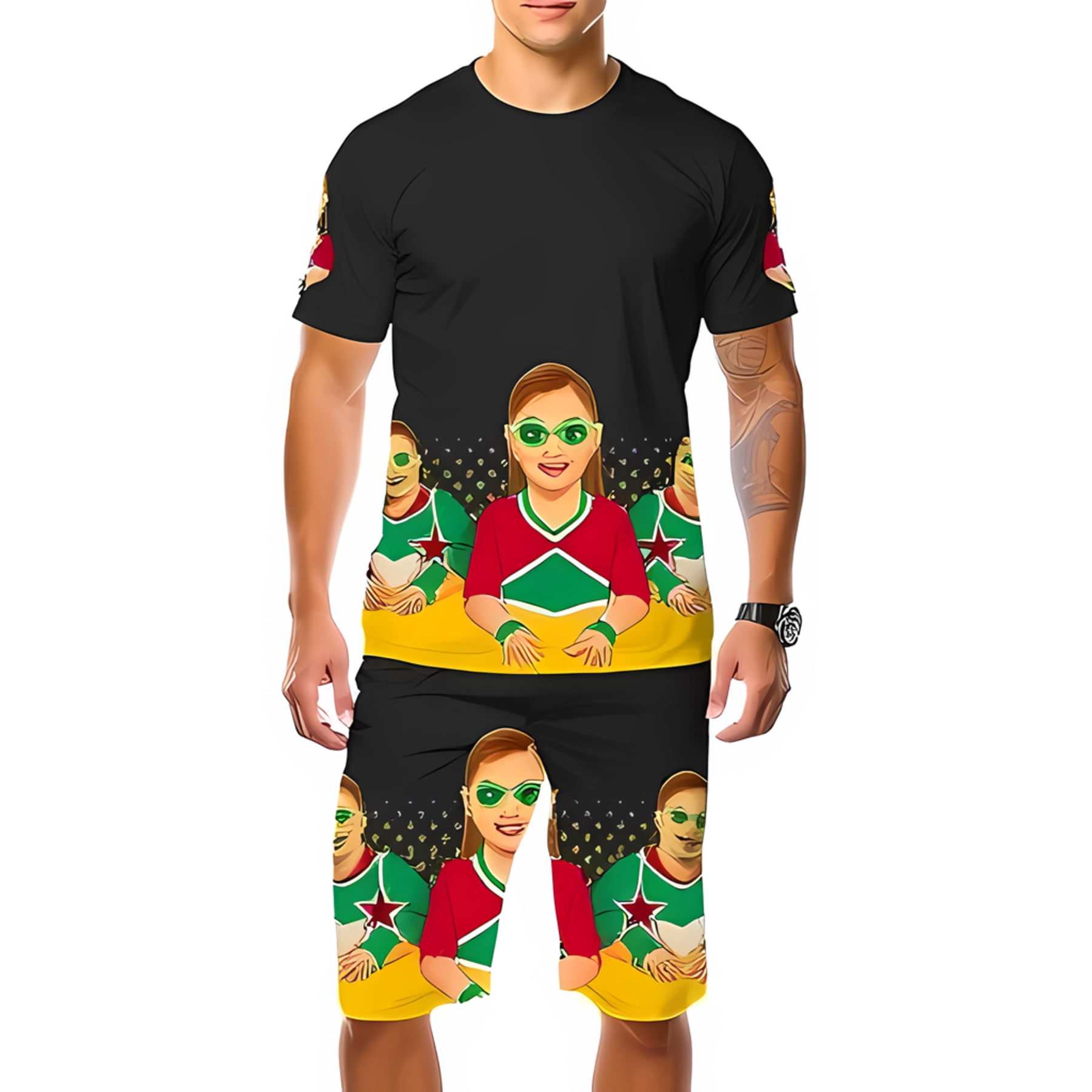 Custom Athletic Short Set: Black Tee & Shorts with Vibrant Cartoon ...