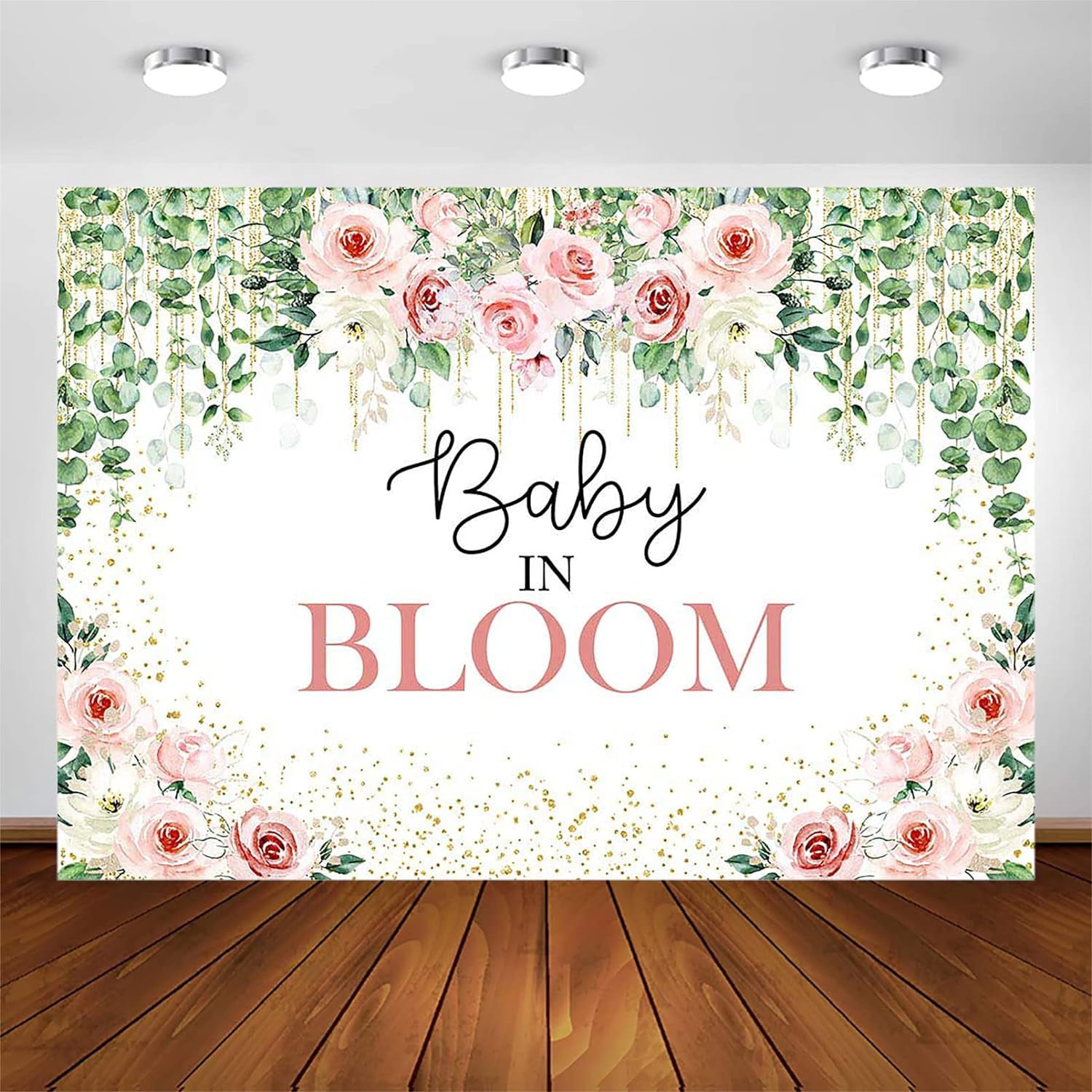 Custom Baby in Bloom Backdrop Sage Green Leaves with Pink Flowers Baby Shower Party Decorations ...