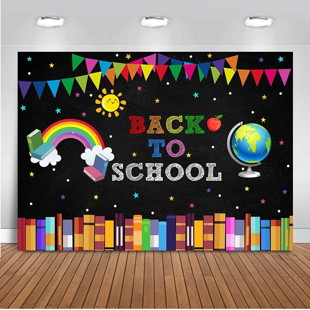 Custom Back to School Backdrop First Day of School Globe Rainbow Books ...