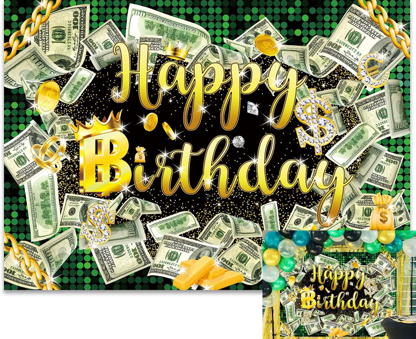 Custom Banknotes Happy Birthday Backdrop Green Gold Money Diamonds Gold ...