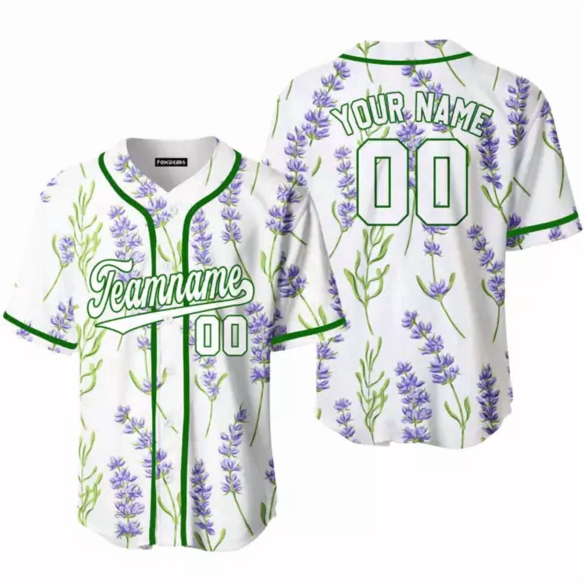 Custom Beautiful Lavender Pattern White Green Custom Baseball Jerseys ...