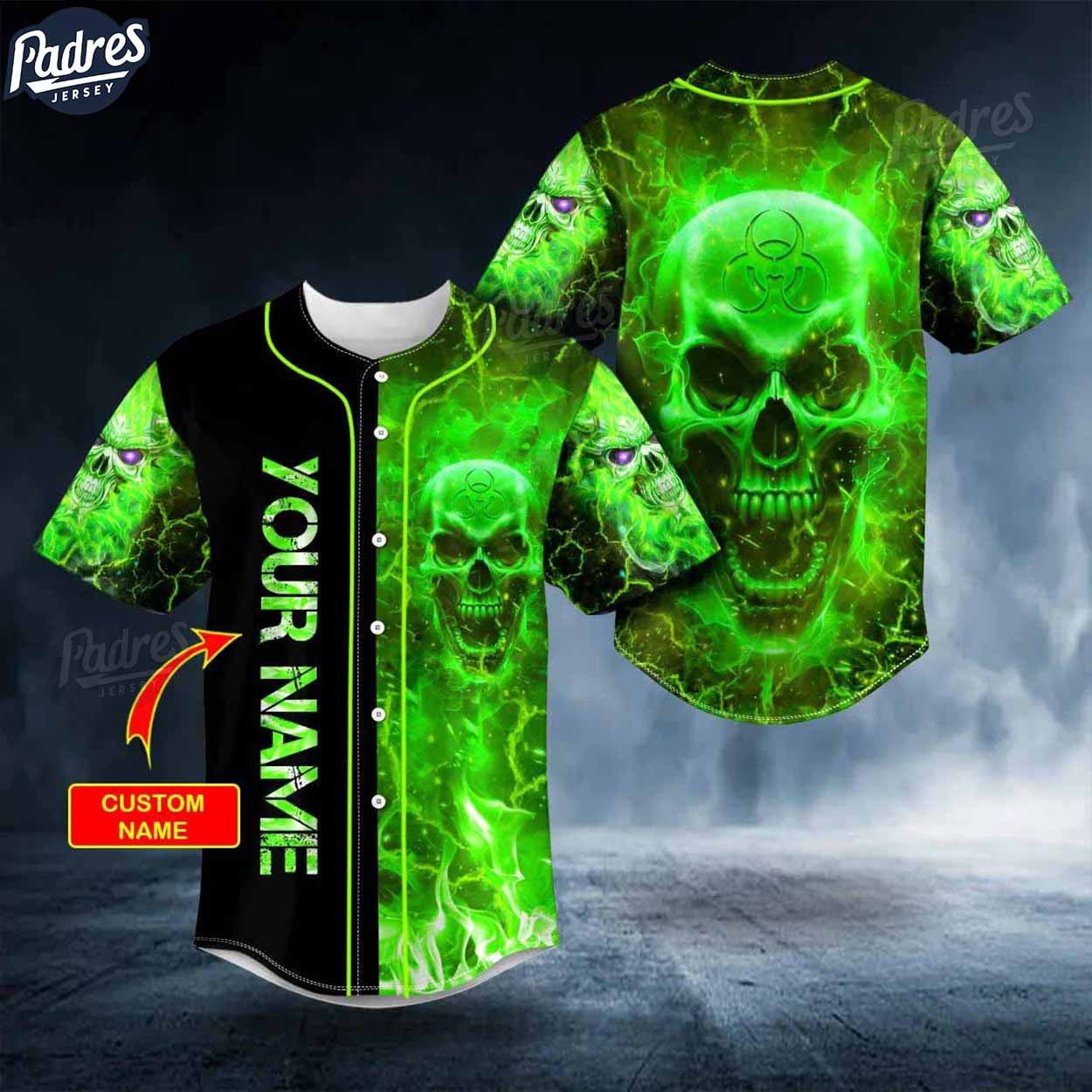 Custom Biohazard Green Fire Skull Baseball Jersey - Walmart.com