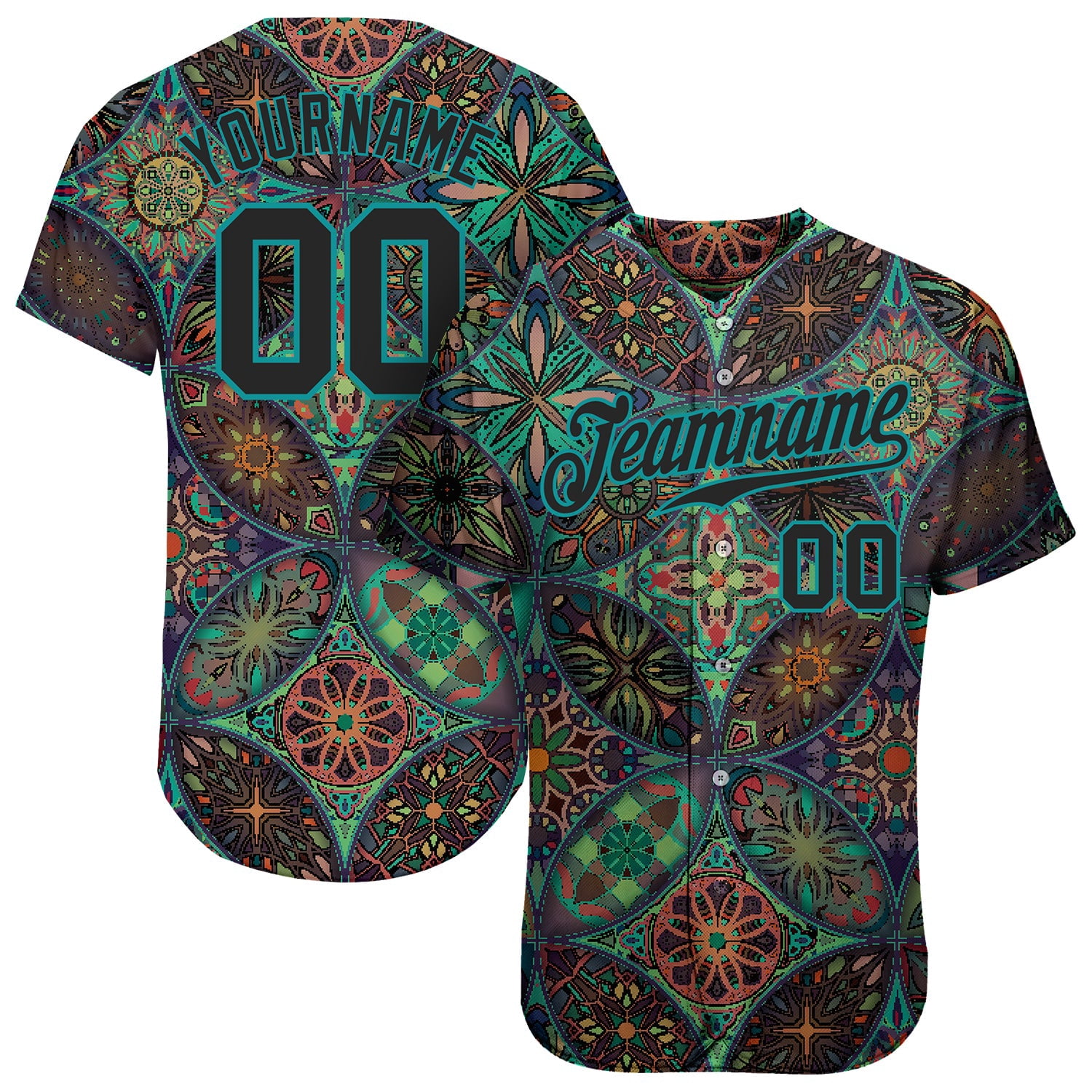 Custom Black Black-Teal 3D Pattern Design Mandalas Authentic Baseball ...
