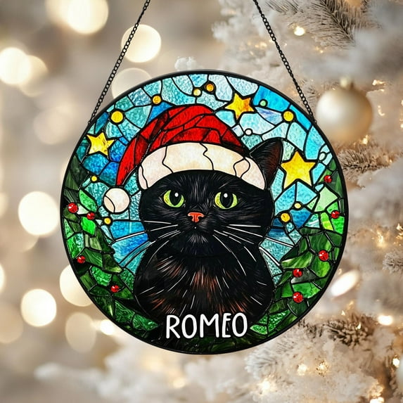 Custom Black Cat Christmas Faux Stained Glass Suncatcher, Personalized ...