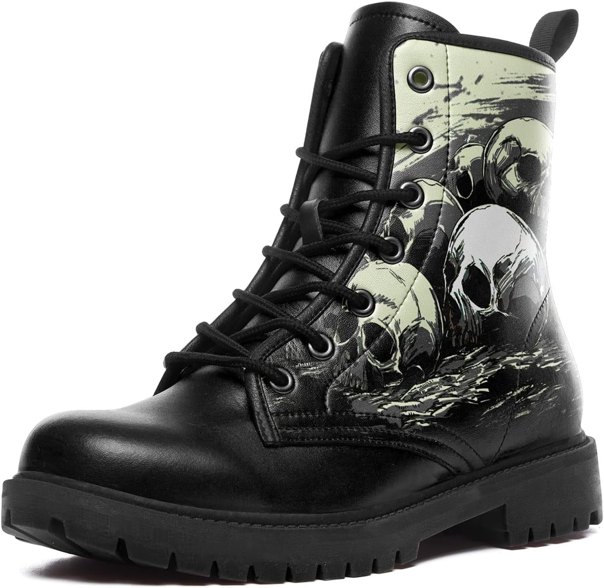 Custom Black Combat Boots for Women Fashion Lace-Up Skull Rose Ankle ...
