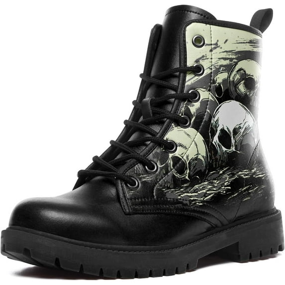 Custom Black Combat Boots for Women Fashion Lace-Up Skull Rose Ankle ...