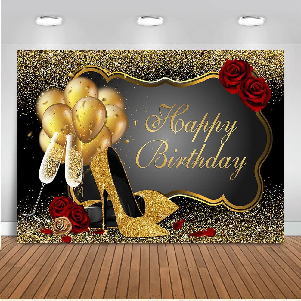 Custom Black Gold Birthday Backdrop for Women 7x5ft High Heels ...