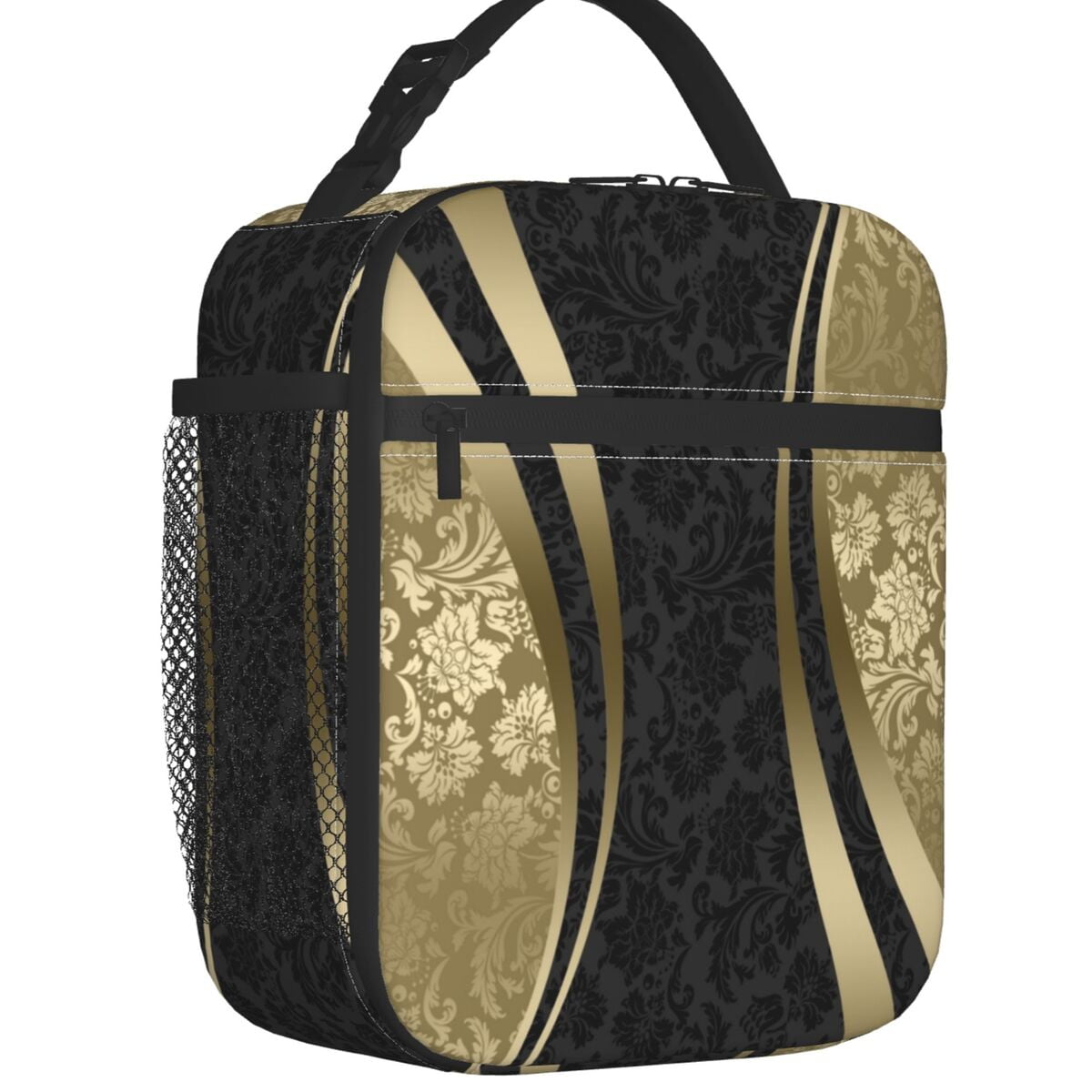Custom Black Gold Damasks Modern Geometric Shapes Lunch Bag Women ...