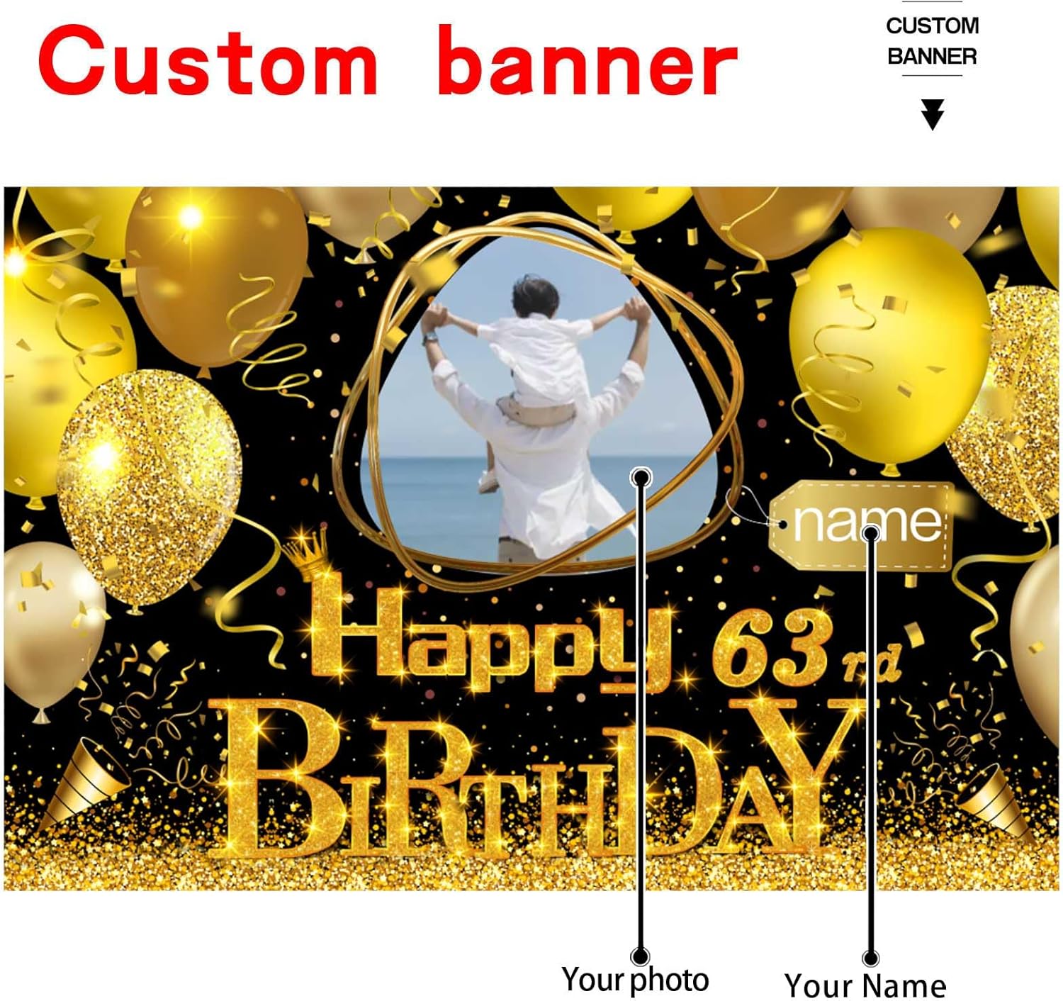 Custom Black Gold Theme 63Rd Birthday Banner For Party Happy Birthday ...