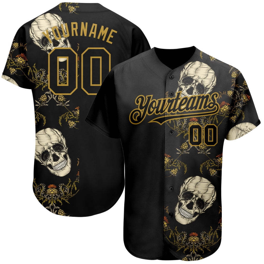 Custom Black Old Gold 3D Plant And Skull Fashion Authentic Baseball ...