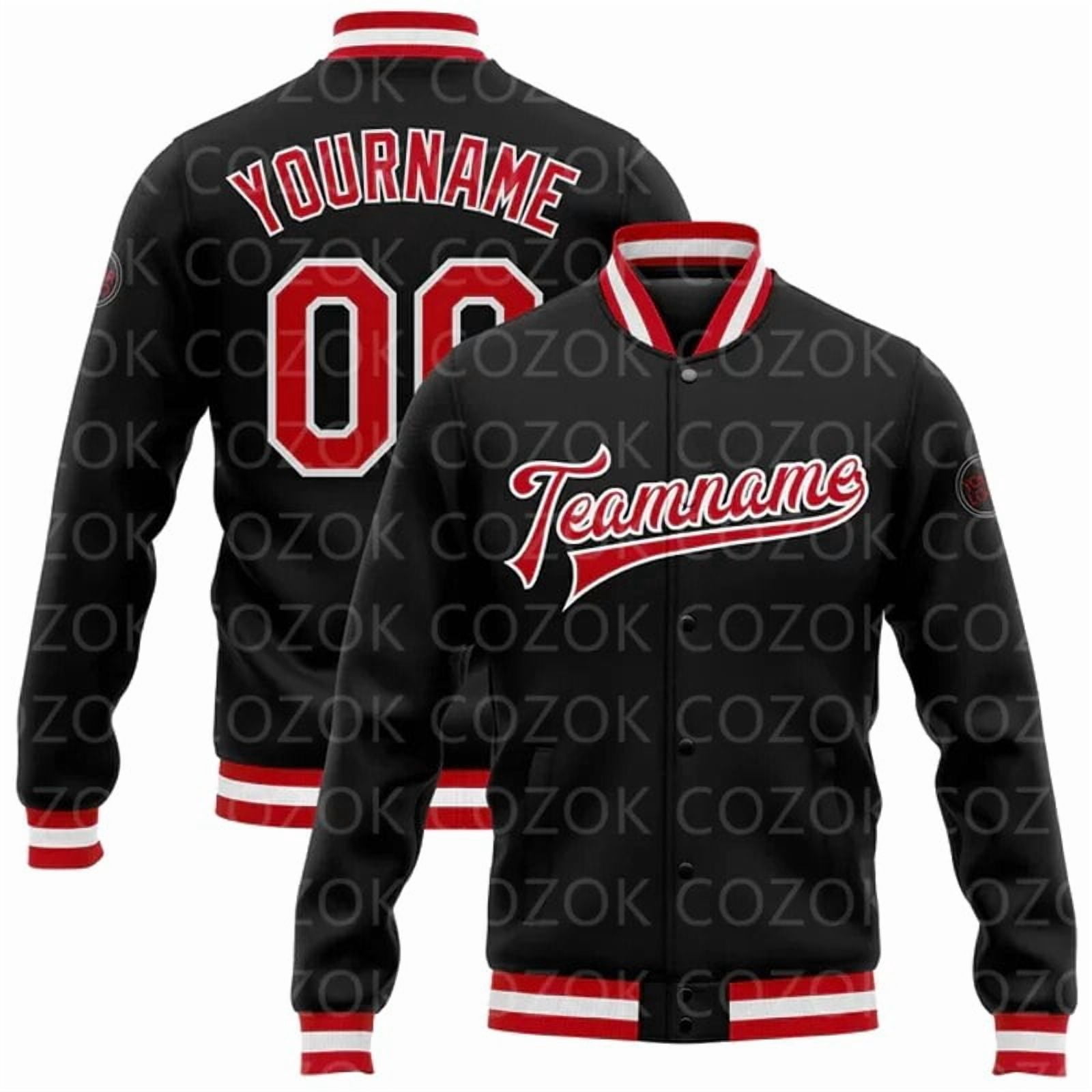 Custom Black Red 3D Printed Baseball Button Jacket Bomber Full-Snap ...