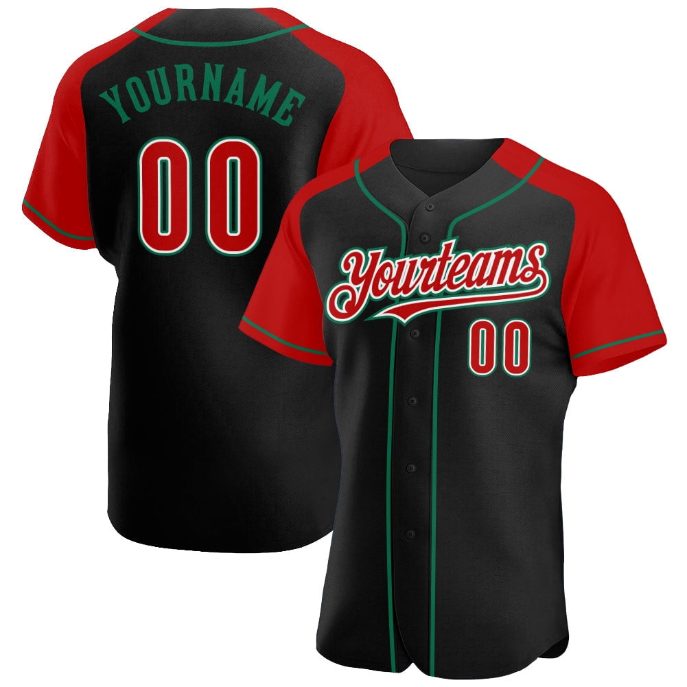 Custom Black Red-Kelly Green Authentic Raglan Sleeves Baseball Jersey ...
