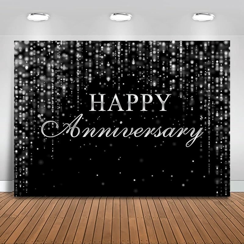 Custom Black and Silver Happy Anniversary Backdrop Silver Glitter Bokeh ...