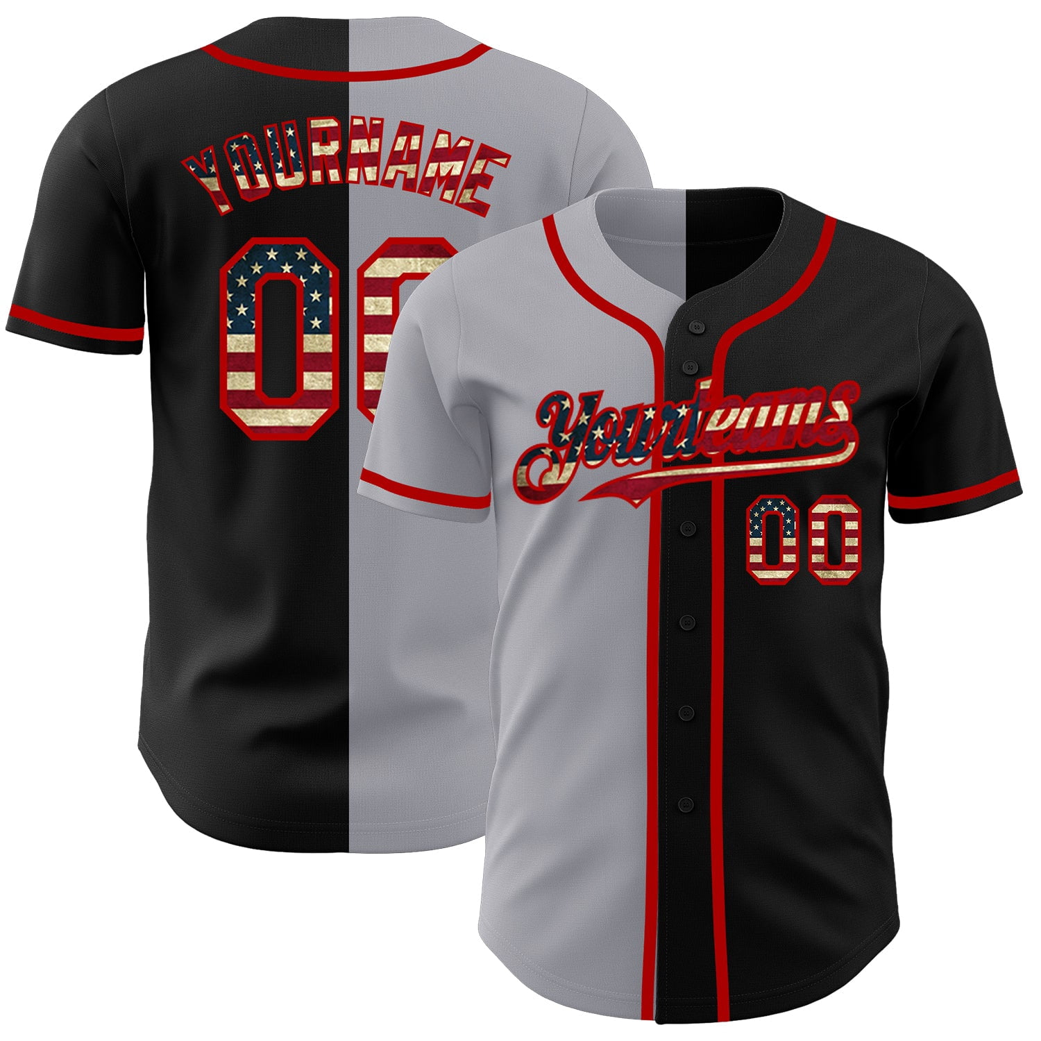 Custom Black USA Flag Gray-Red Authentic Split Fashion Baseball Jersey ...