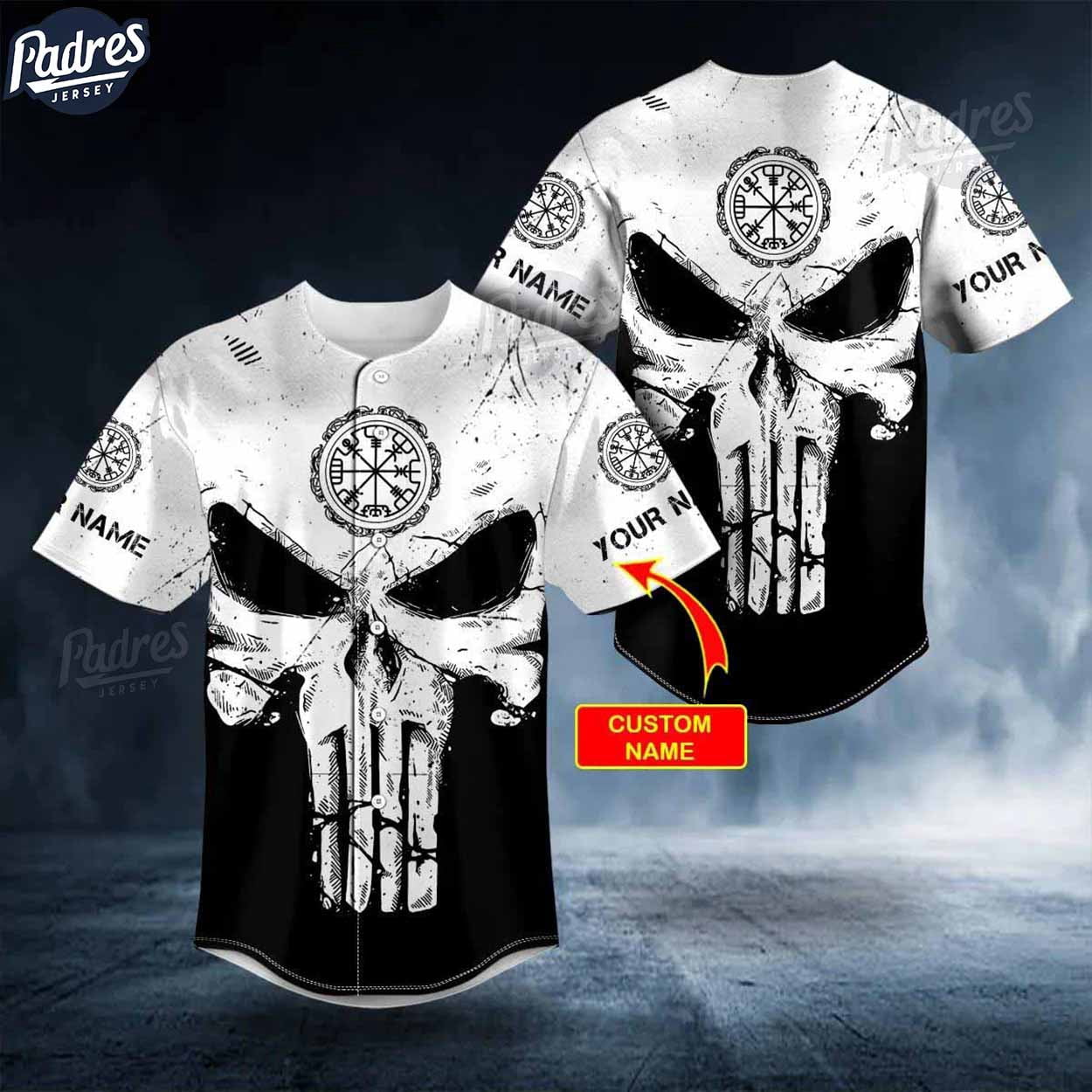 Custom Black White Norse Compass Punisher Viking Baseball Jersey ...