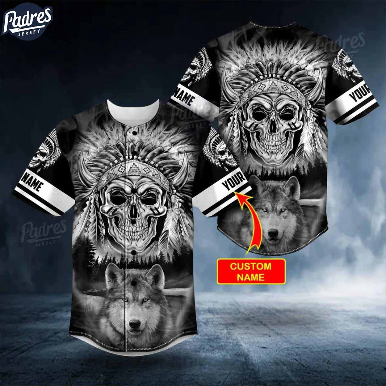Custom Black White Wolf N Native Skull Baseball Jersey - Walmart.com