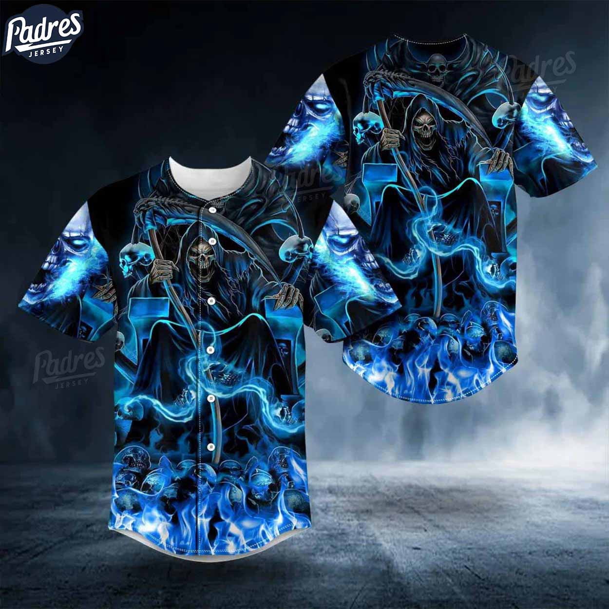 Custom Blue Fire Grim Reaper Skull Baseball Jersey - Walmart.com