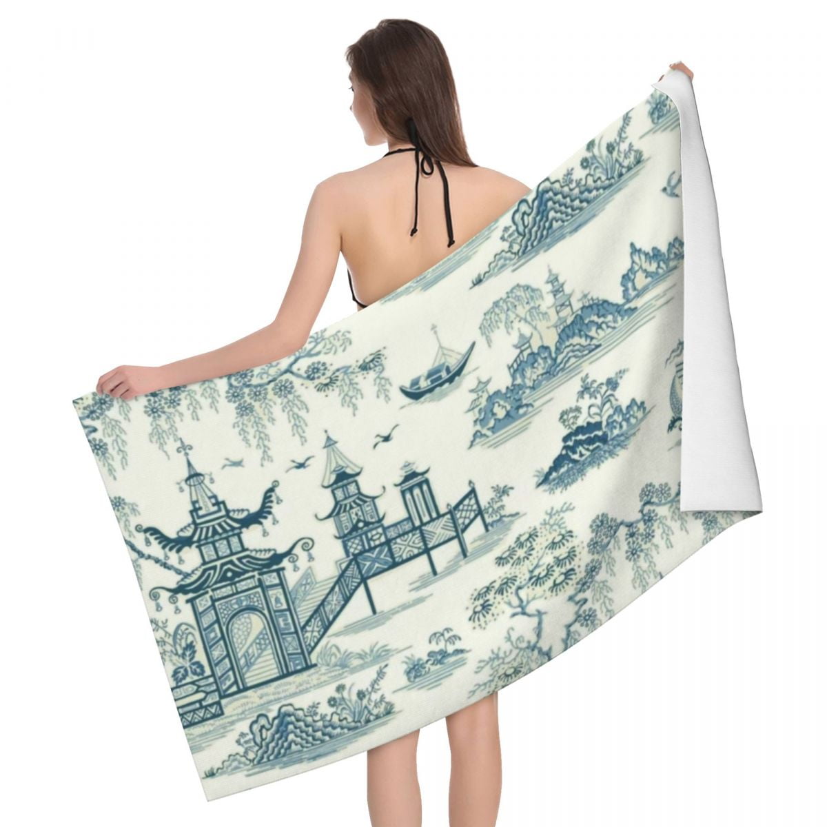 Custom Blue Willow China Beach Towel Blue Delft Chinoiserie Soft Linen ...