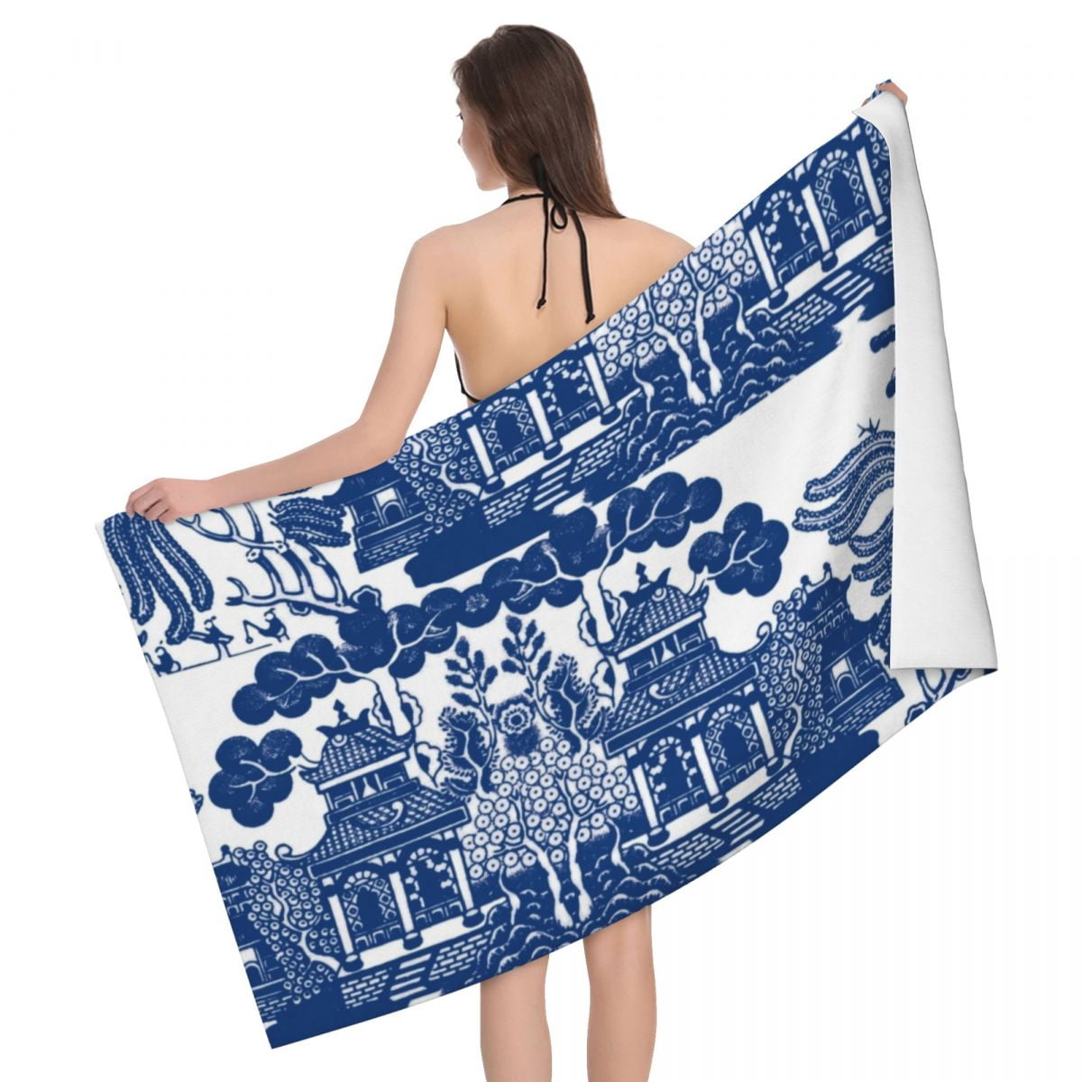 Custom Blue Willow China Beach Towel Blue Delft Chinoiserie Soft Linen ...