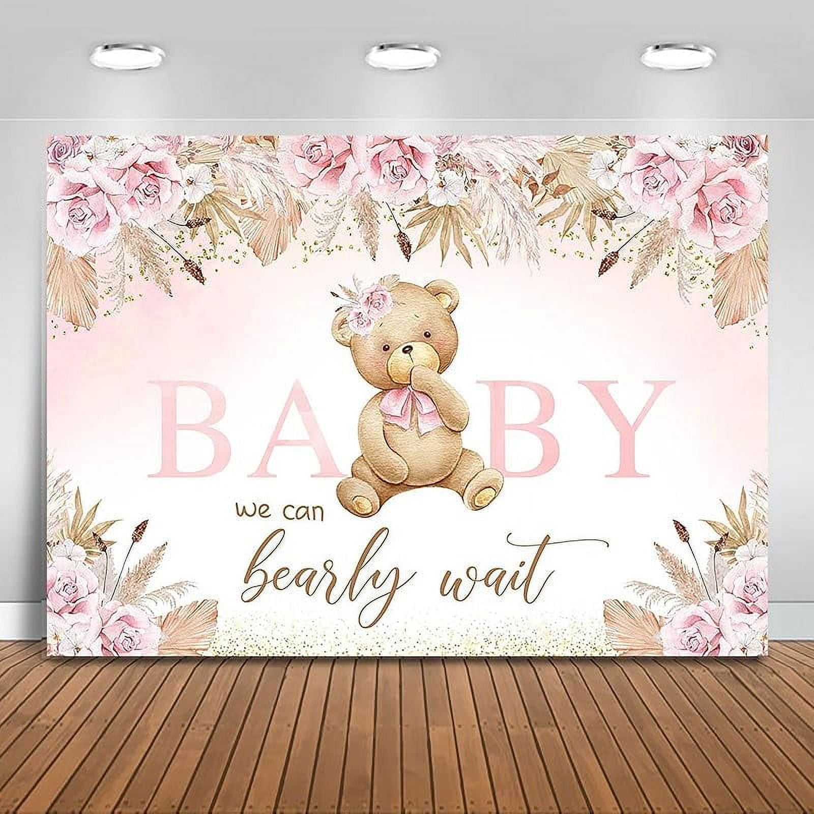Custom Boho Bear Baby Shower Backdrop We Can Bearly Wait Pink Floral ...