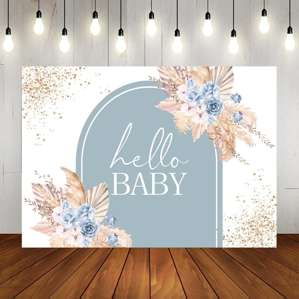 Custom Boho Blue Floral Baby Shower Party Backdrop Bohemian Pampas ...