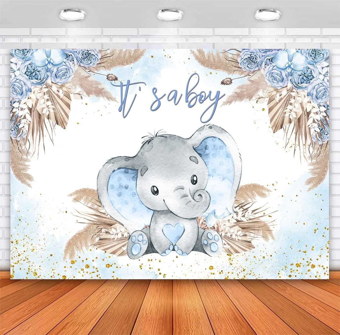Custom Boho Elephant Baby Shower Backdrop for Boy Blue Pampas Grass It ...