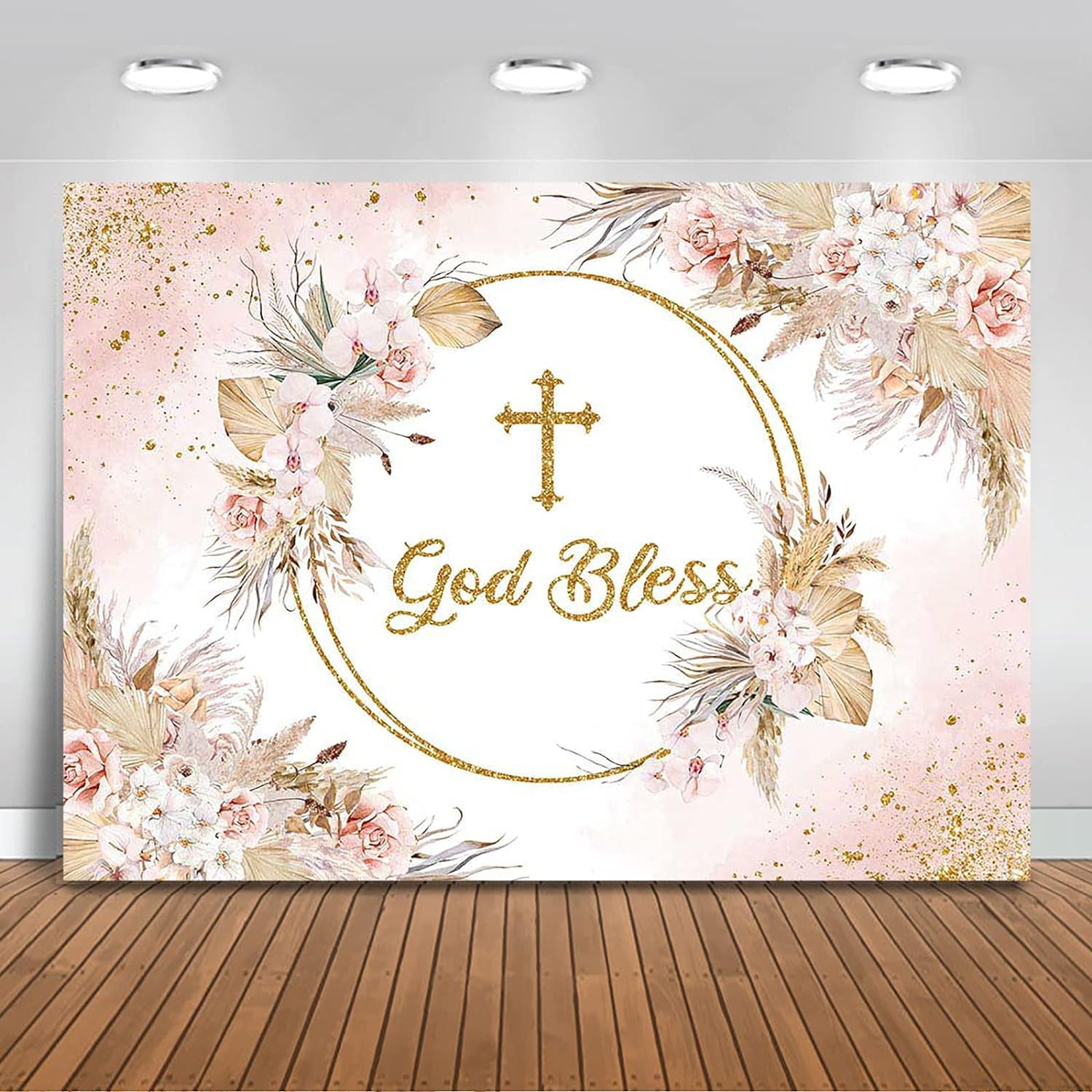 Custom Boho God Bless Backdrop Baptism Bohemian Pampas Grass Blush Baby ...
