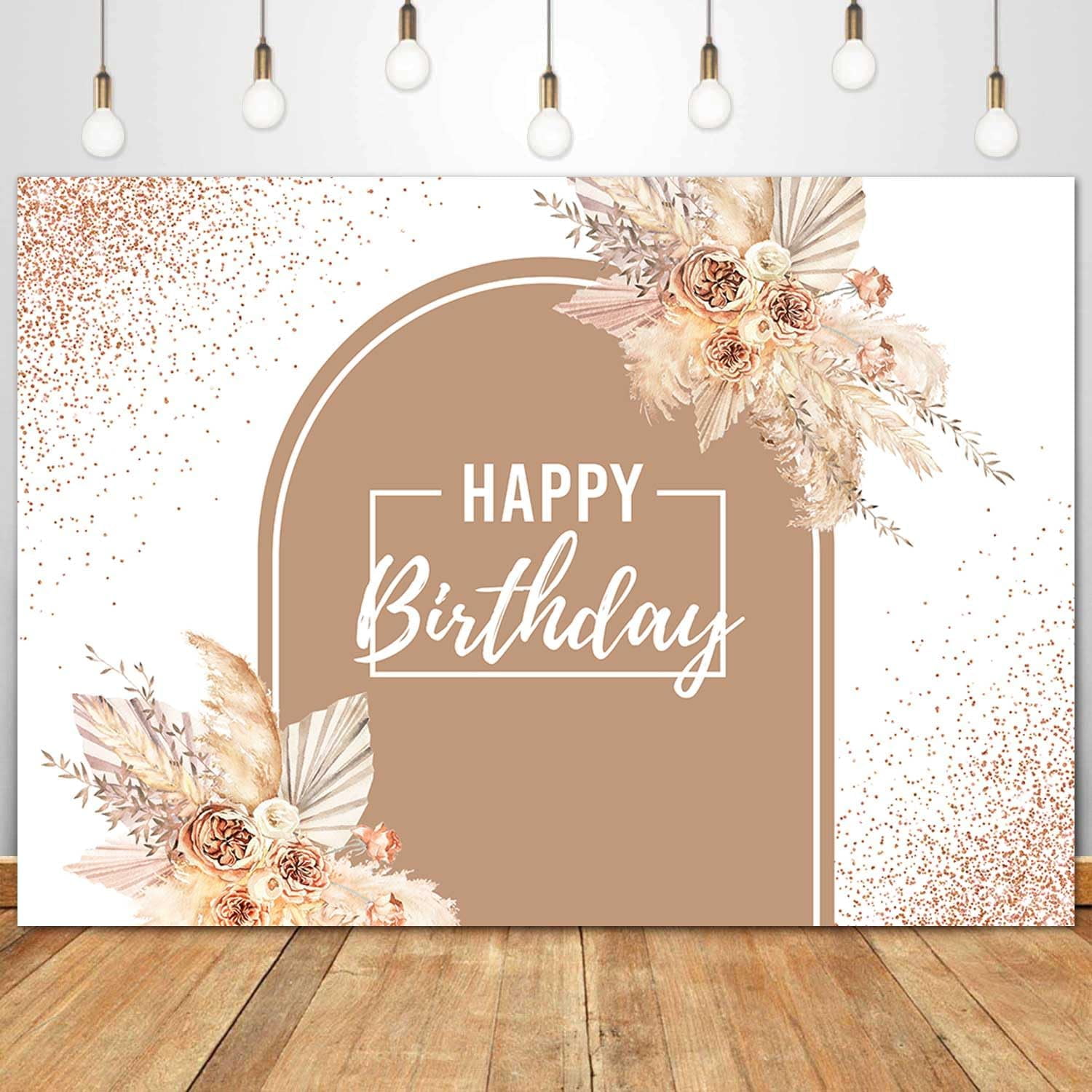 Custom Boho Happy Birthday Backdrop Pink Rose Gold Glitter Dots Pampas ...