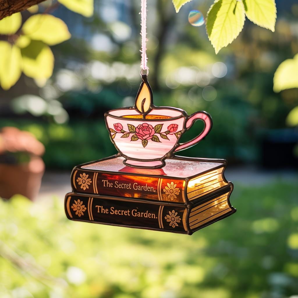 Custom Book Name Suncatcher, Candlelit Teacup & Books Acrylic ...