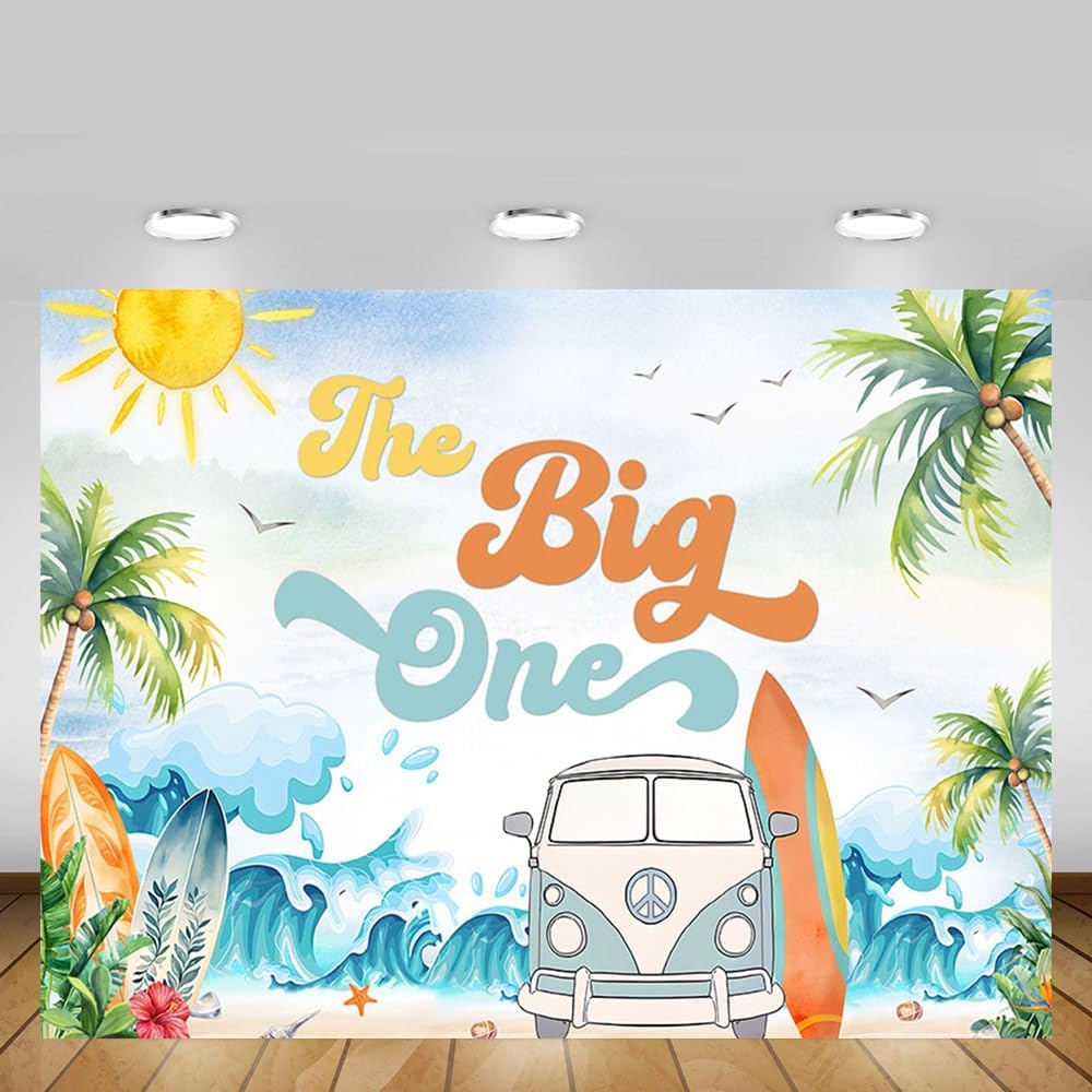 Custom Boy 1st Birthday The Big One Surf Themed Backdrop Retro Surfboard Summer Beach Surfs Up ...