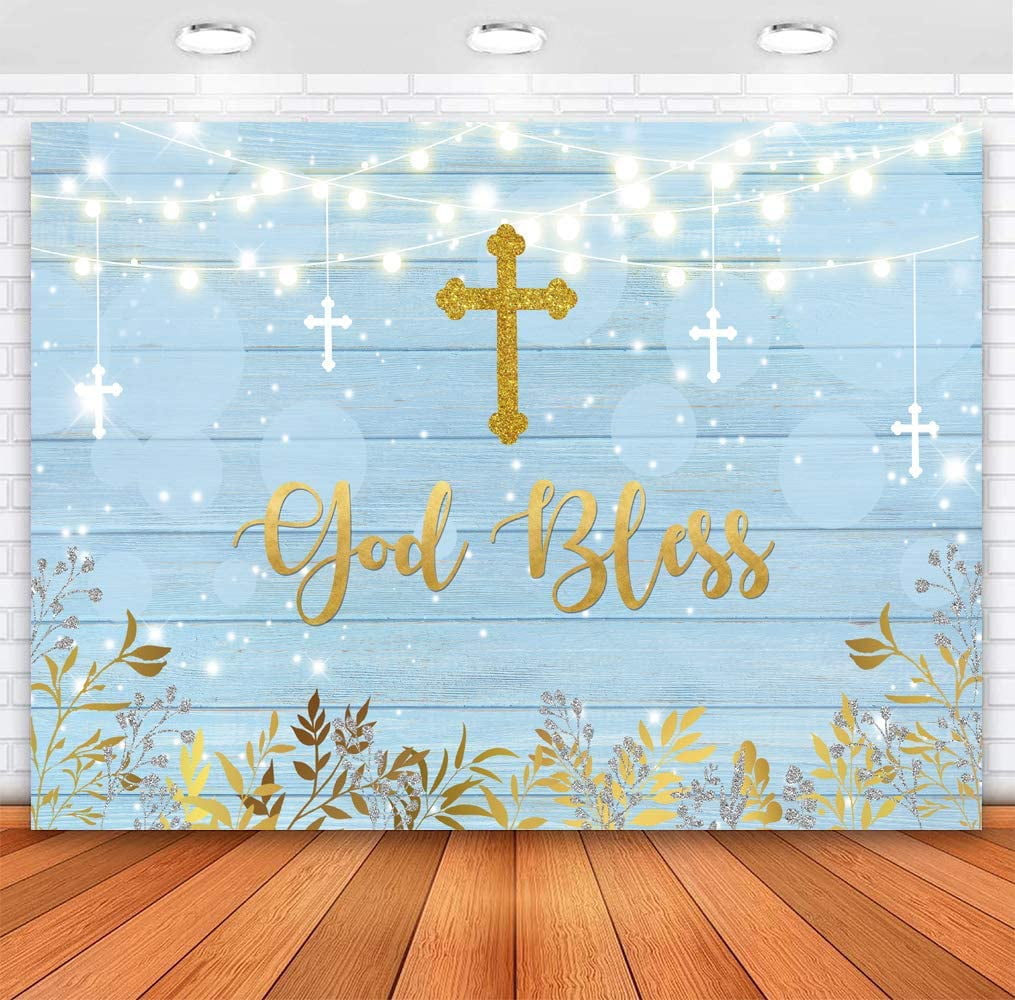 Custom Boy Baptism Backdrop God Bless Rustic Blue Wood Gold Leaves ...