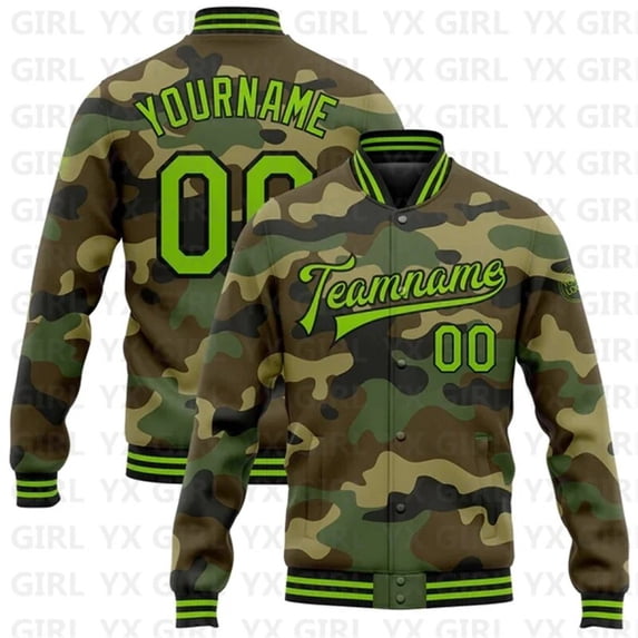 Custom Camo Neon Green-Navy Bomber Full-Snap Varsity Letterman Salute ...