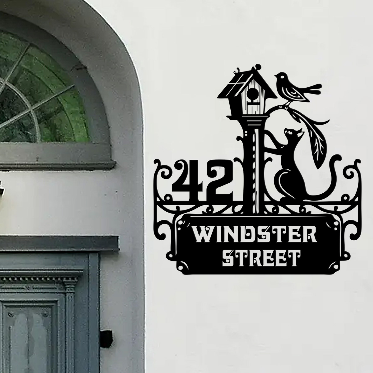 Custom Cat and Bird Metal Address Sign, Address Number Plaque Front ...