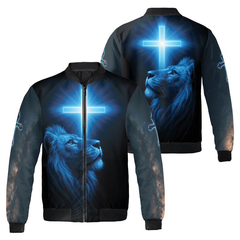 Custom Christian Blue Lion Cross Bomber Jacket – Religious Faith ...