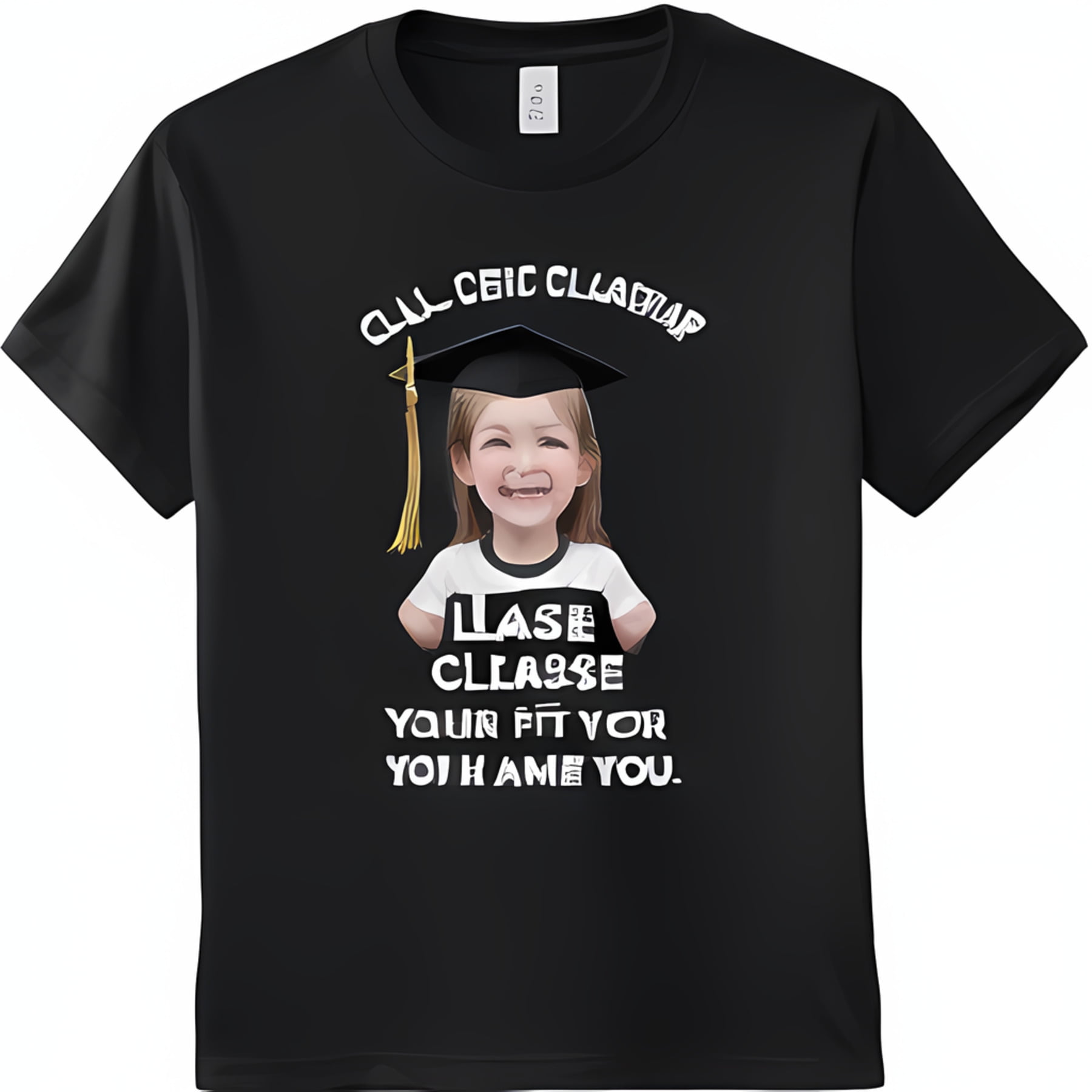 Custom Class Of T Shirt Design Happy Girl In Cap And Gown Graphic Detailed Print Focu
